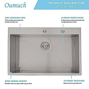 Oumuch 33 Inch Undermount Kitchen Sink Stainless Steel 33" Single Bowl Undermount Sinks 18 Gauge 33x19 In Single Basin Sink