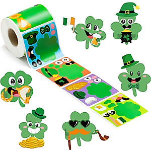 Haooryx 300PCS St Patrick’s Day Sticker Scene Roll Make Your Own Irish Shamrock Face Stickers DIY Lucky Clover Self Adhesive Sticker Art Craft for Kids Sticker Game St Patrick Party Favor Gift Supply