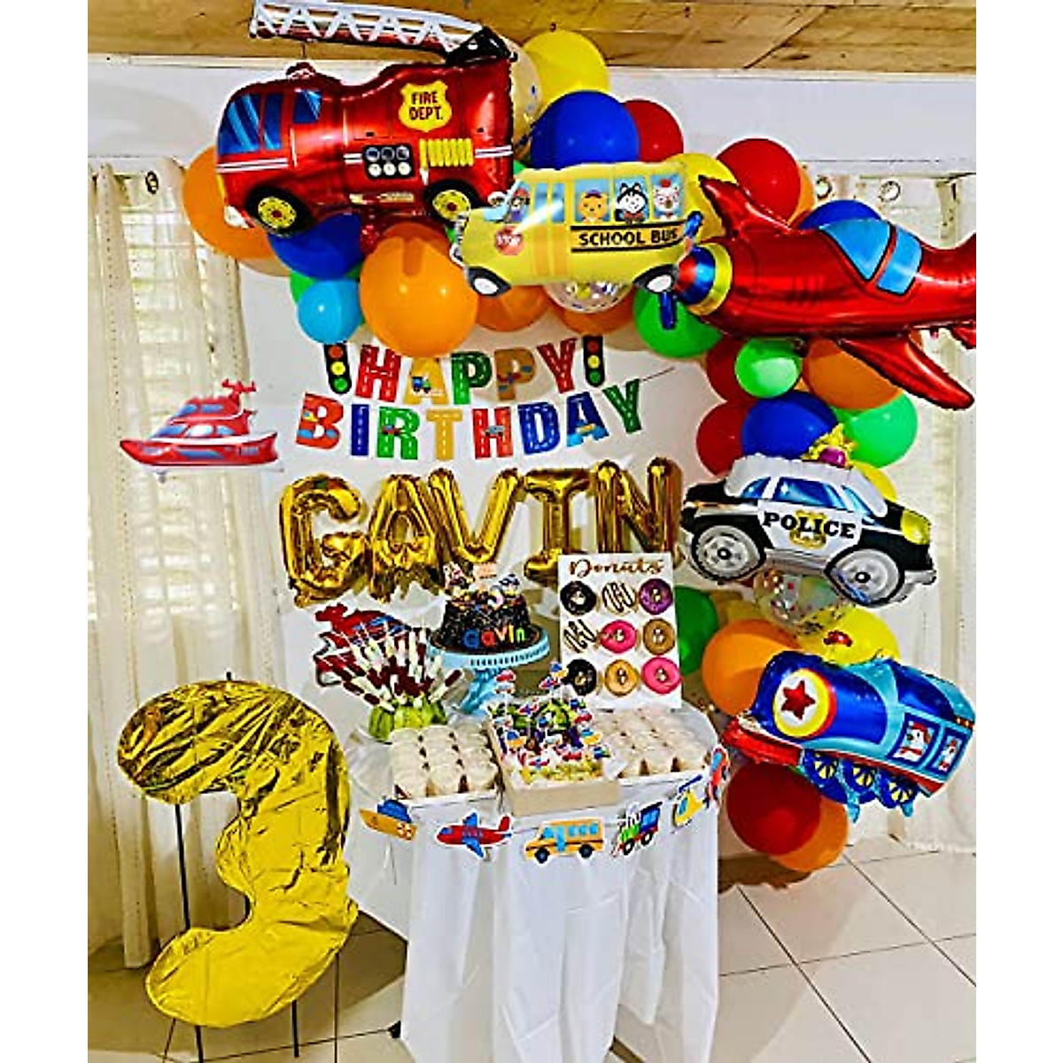 BIRLON Construction Birthday Party Supply, Transport Vehicle Theme Decoration for Boy Baby Shower, Red Green Yellow Blue Balloon Garland Arch Kit Car Reusable Truck Plane Train Police School Bus Foil