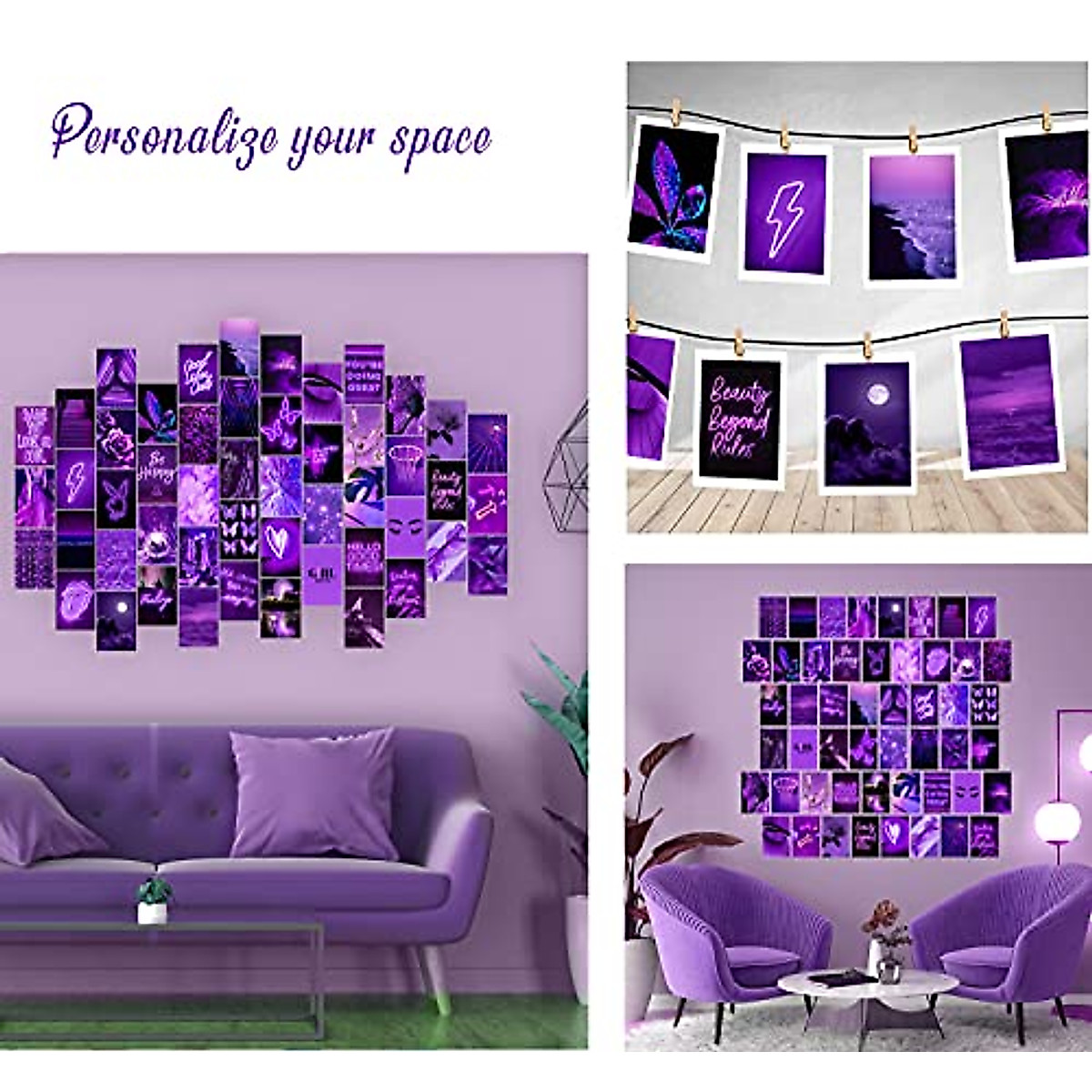 WOONKIT Purple Wall Collage Kit Aesthetic Pictures, Wall Decor for Bedroom Aesthetic, Photo Wall Collage, Room Decor for Teen Girls, Purple Wall Decor, Collage Kit, Trendy Teen, 50PCS 4x6 INCH