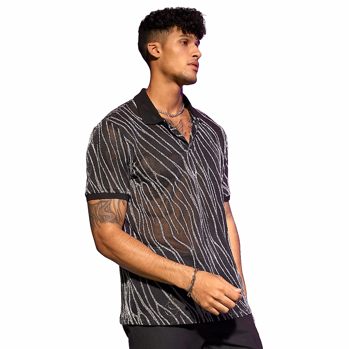 WDIRARA Men's Marble Print Glitter Mesh Sheer Collared Short Sleeve Tee Top Striped Party T Shirt Multicolor S