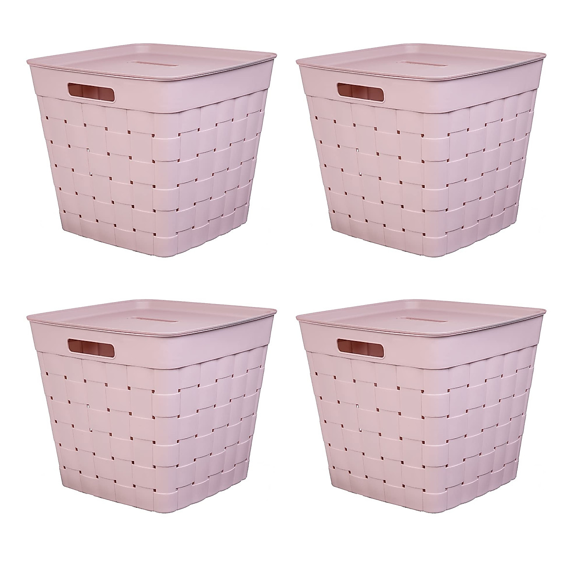 Starplast Square Wicker Stacking Bins with Lids, 4-Pack - 14.8x14.8x13.3 inches, Durable LDPE Plastic, Stylish Weave Design, Stackable Storage Boxes with Handles for Closet and Shelf