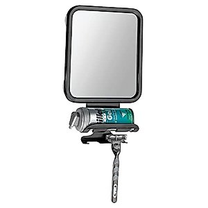 mDesign Large Modern Metal Suction Shaving Mirror Center for Bathroom Showers and Tubs - Holders for Shaving Cream and Razors - Matte Black