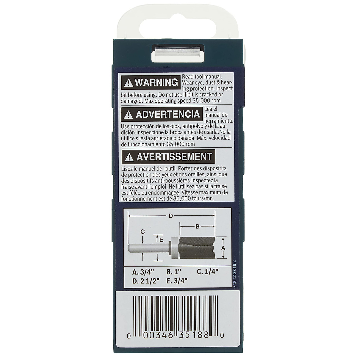 Bosch 85682MC 3/4 In. x 1 In. Carbide-Tipped Double-Flute Top-Bearing Straight Trim Router Bit