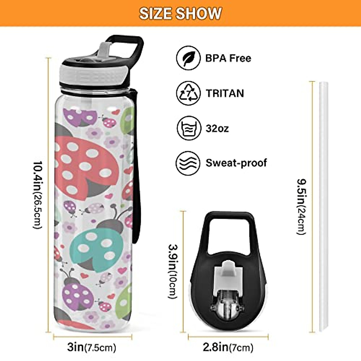 xigua Ladybug Water Bottle with Straw Lid,32 oz Leakproof Sport Water Bottle with Wide Handle for Gym,Cycling,School,Travel