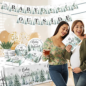 Winter Baby Shower Decorations, 142pcs Baby It's Cold Outside Baby Shower Woodland Plates Napkins Tablecloth Banner Gender Reveal Baby Shower Decorations Boy Girl for Holiday Christmas