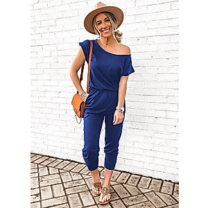 PRETTYGARDEN Women's Loose Solid Off Shoulder Elastic Waist Stretchy Long Romper Jumpsuit (Blue,Small)