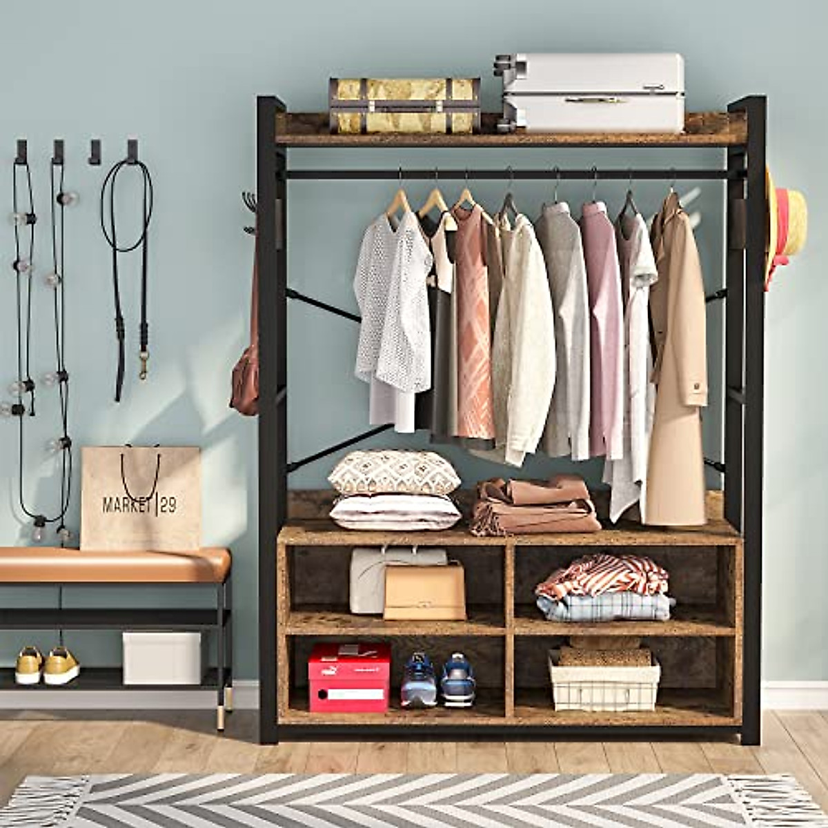 Tribesigns Free-standing Closet Clothing Rack, Metal Closet Organizer System with Shelves and Hooks, Heavy Duty Clothes Garment Rack Shelving for Bedroom , Laundry, Mushroom, Walk-in Closet (RUSTIC)