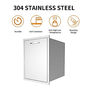 KODOM Built-in Double Trash Drawer 20" W x 27" H x 24" D Pull-Out Tray Outdoor Kitchen Stainless Steel Trash Drawer with Handle Storage Two Trash Bins for BBQ Island Grill Station