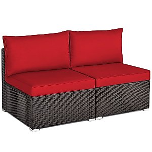 COSTWAY 2PCS PE Rattan Armless Sofa, Wicker Patio Conversation Set Chairs with Soft Cushion, Outdoor Sectional Furniture for Yard, Poolside (Red)