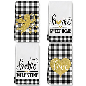 AnyDesign Valentine's Day Kitchen Towel Gold Love Cupid Dish Towel 18 x 28 Inch White Black Buffalo Plaids Hand Drying Towel Tea Towel for Wedding Anniversary Cooking Baking, Set of 4