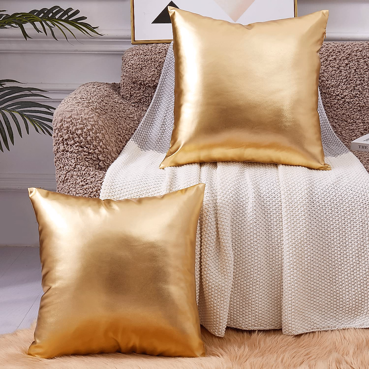 EUCIOR Decorative Pillow - 18x18 Gold Metallic Shiny Cushion Cover, Modern Throw Pillows for Bed, Couch, Sofa