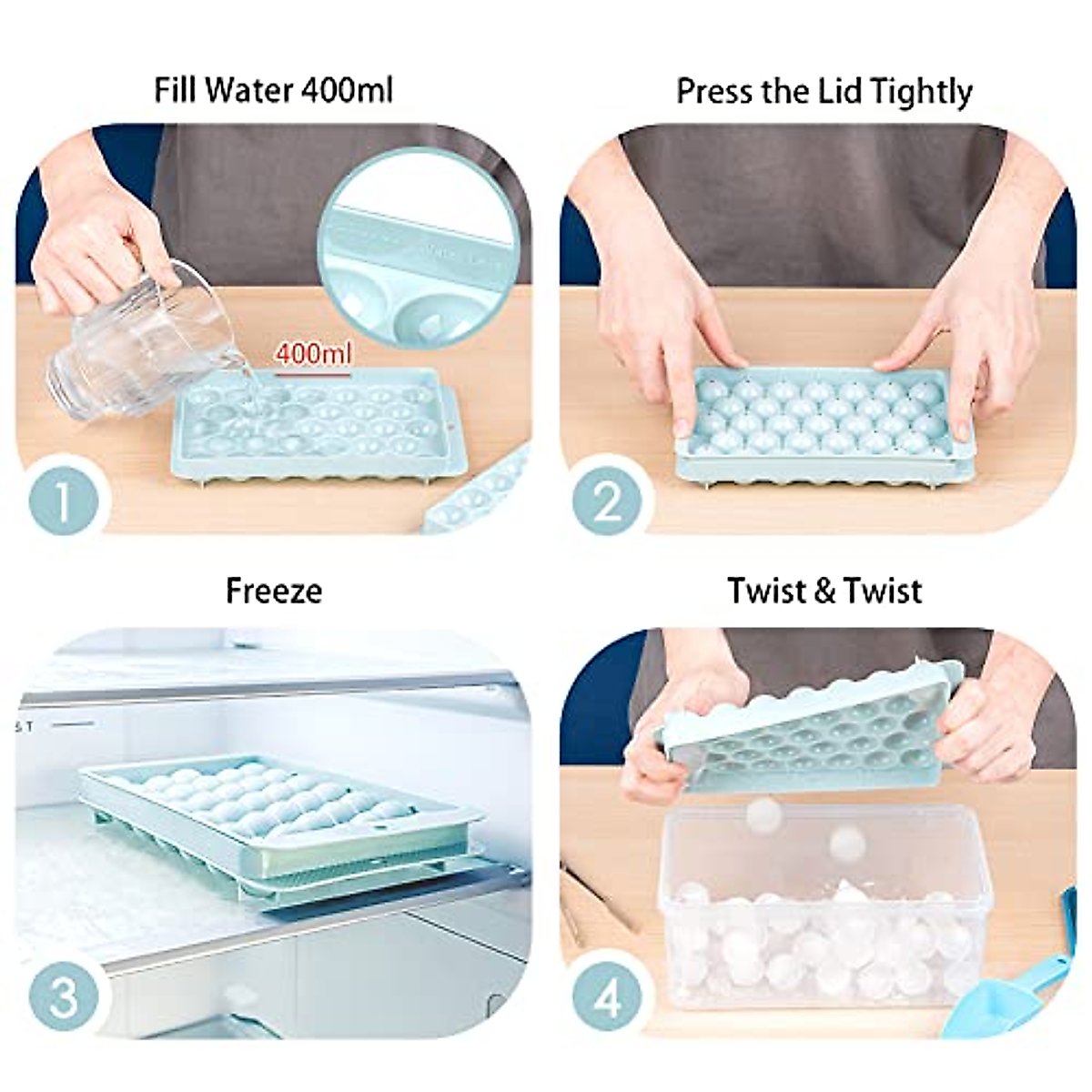 Gracenal Circle Ice Cube Tray, Round Ice Cube Trays for Freezer with Lid and Bin, Ice Tray Making 66pcs Sphere Ice Cube Mold, Ice Ball Maker for Coffee Cocktail Whiskey, Ice Buckets Tongs Scoop Straw