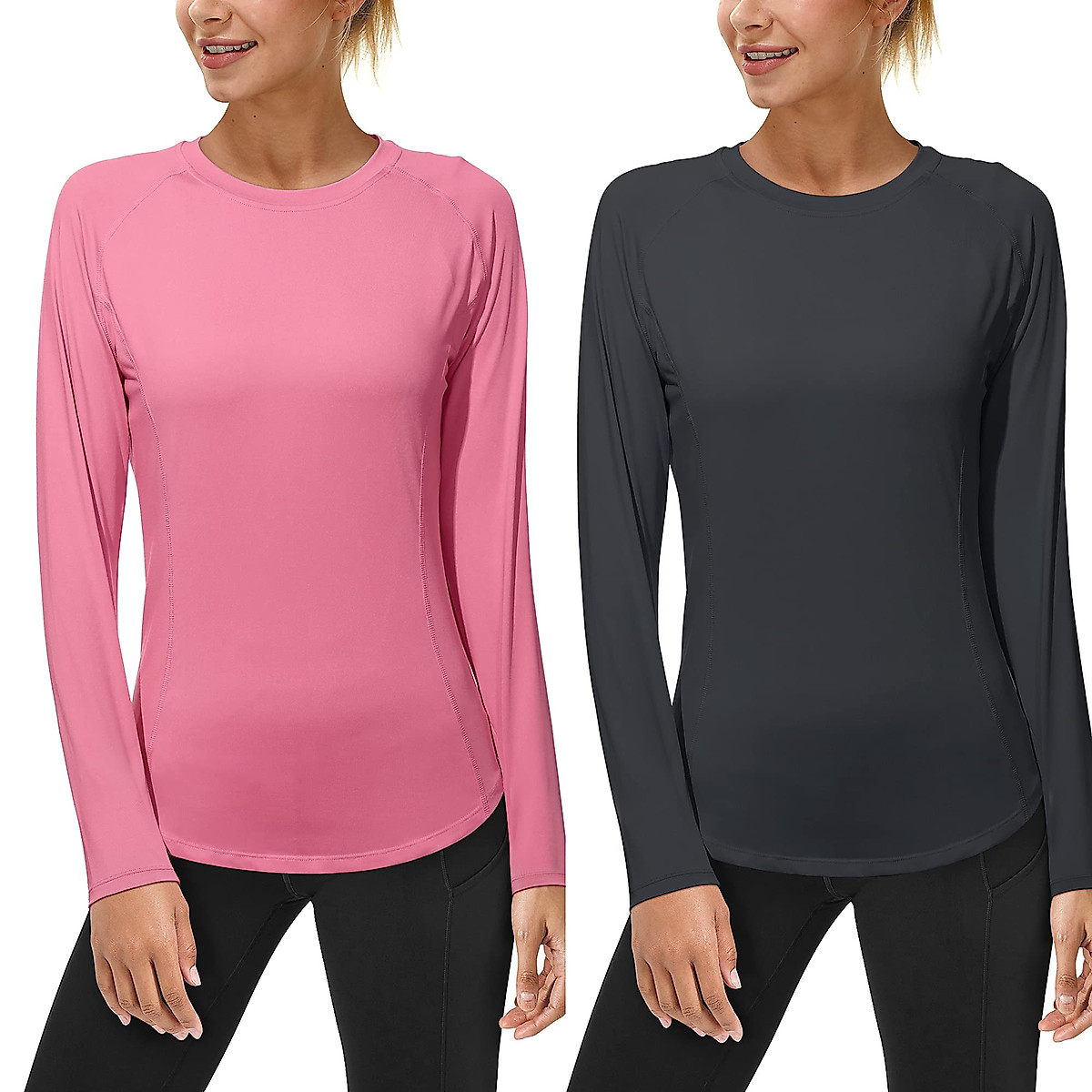 (Size:2XL) 2 Pack Womens Long Sleeve UV Sun Shirts UPF 50+ Workout Swim Rash Guard Tops