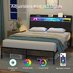 Flexpedic Queen Size Bedframe, Ergonomic Headboard with Multi-Space Storage, Platform Bed Frame Full Size with Charging Station and Adjustable RGB LED Lights, Strong Weight Capacity, Easy Assembly