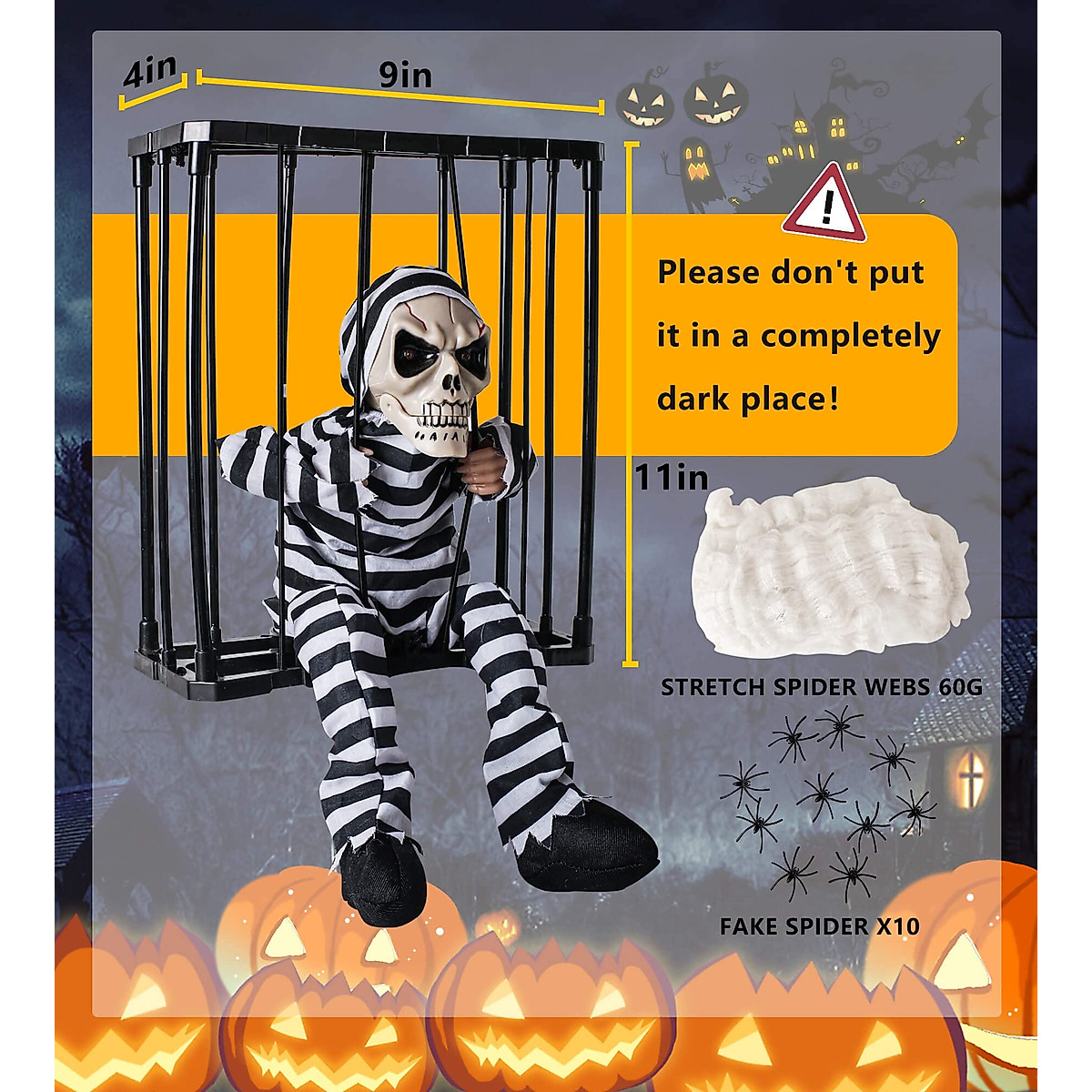 CRILEAL Skeleton Animated Halloween Decorations, Screaming Halloween Decor with Motion Activated & Light Sensor, Spooky Prisoner Cage with Spider Web Haunted House Decorations, Ghost with Hat