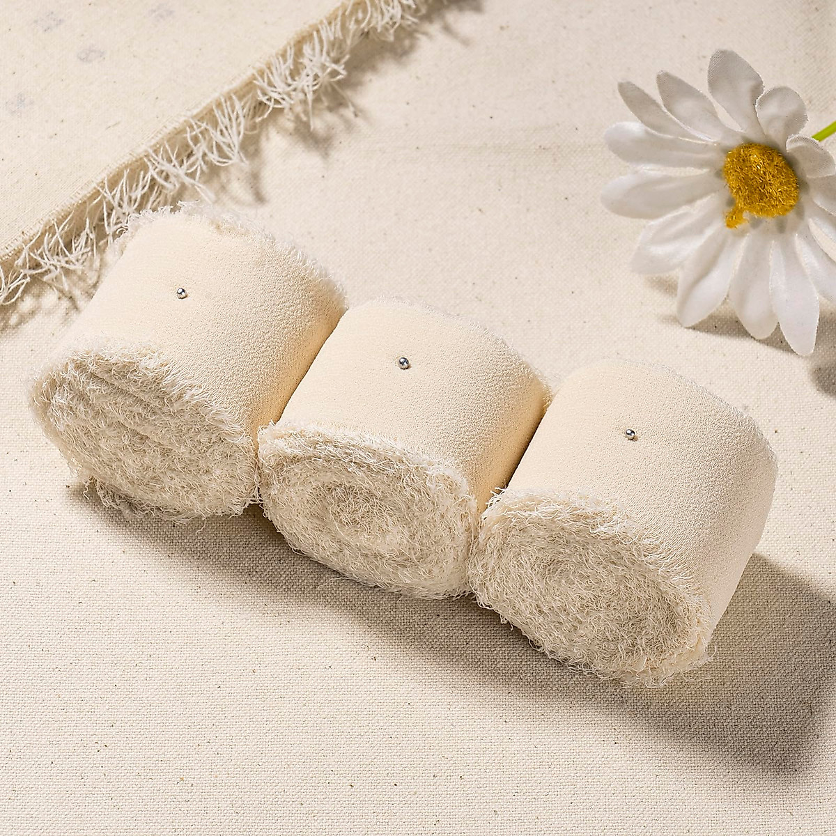 Chiffon Ribbon, 3 Rolls 21 Yards Champagne Handmade Fringe Chiffon Silk Ribbon 1.5" x 7Yd Ribbons Set for Wedding Invitations, Bridal Bouquets, Gifts Wrapping, DIY Crafts