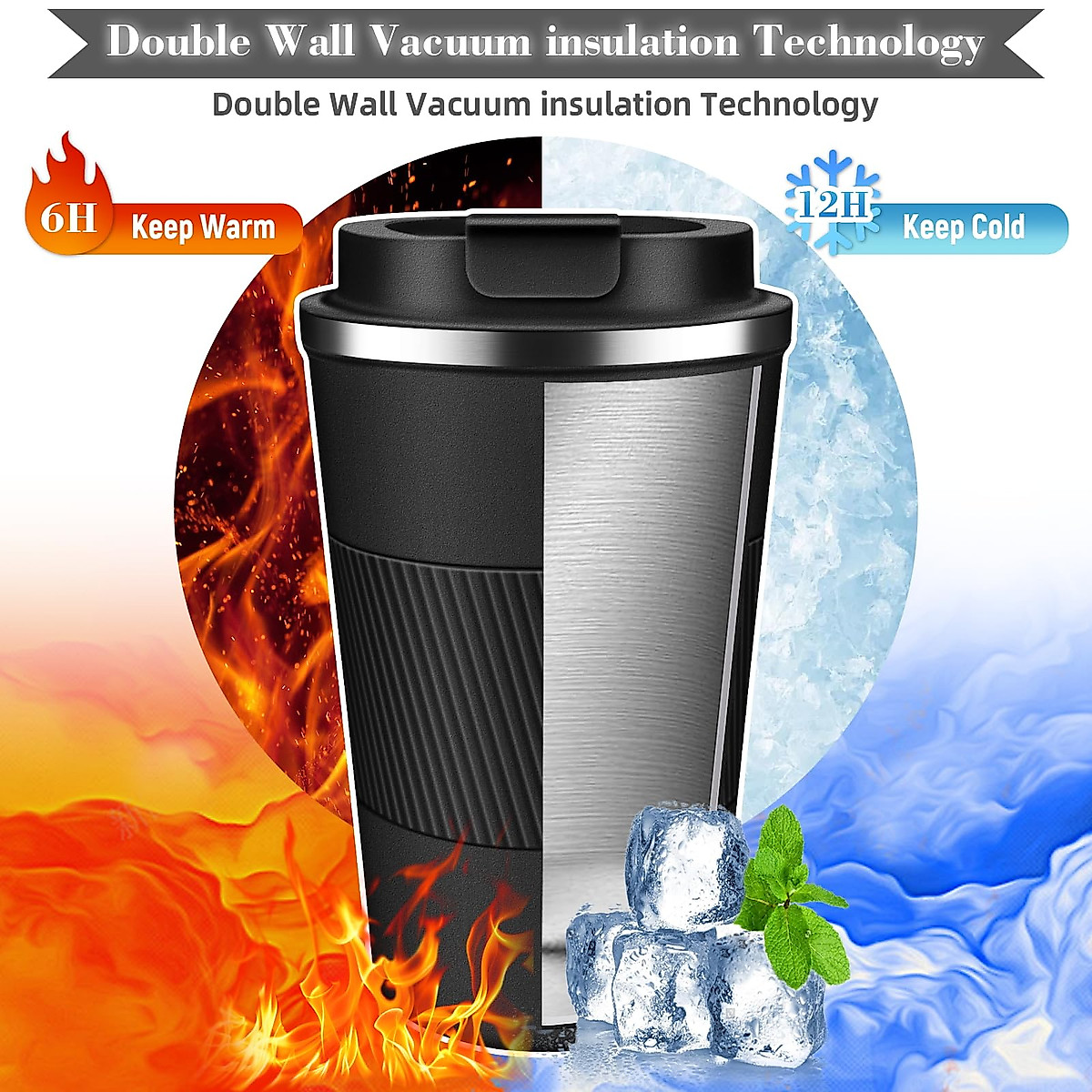 BAYTWA Coffee Tumbler 12oz/380ml - Insulated Coffee Mug with Lid, Leakproof Travel Coffee Cup, Stainless Steel Reusable Coffee Mug for Hot&Cold Drinks, Thermal Coffee Cups for Men Women-Black/1 Pack