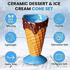 Kovot Ceramic Dessert & Ice Cream Cone Set - Includes 4 Ceramic Cones And 4 Metal Spoons