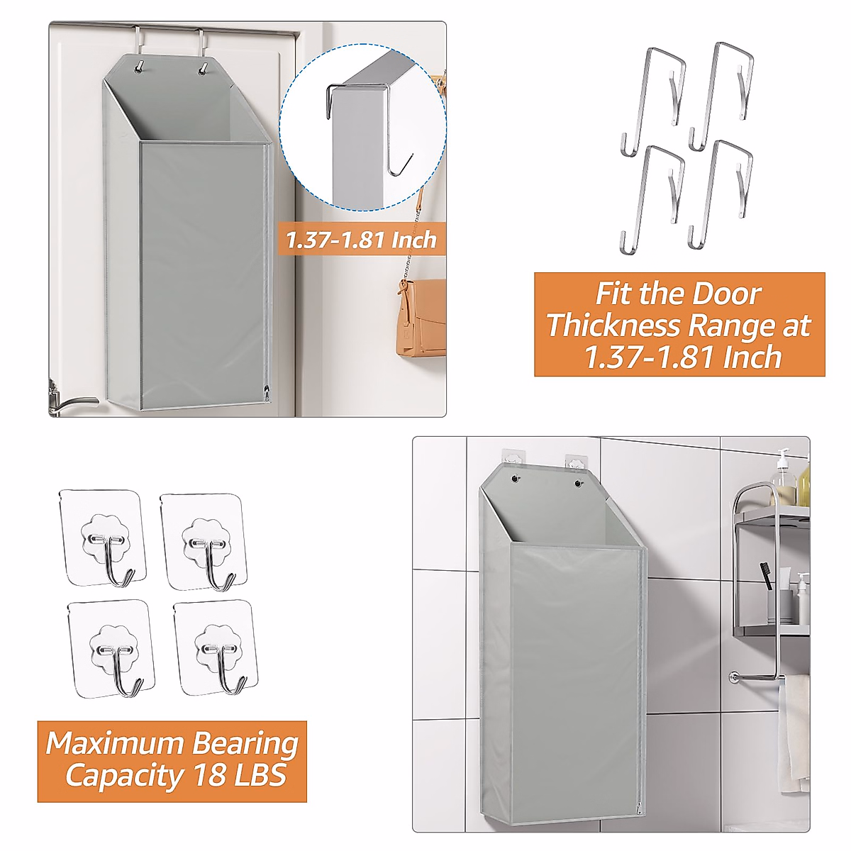 MaxGear Hanging Laundry Hamper, Over the Door Hamper with 2 Kinds of Hooks for Dirty Clothes Organizer, Wall Hanging Laundry Basket with Zipper for Bathroom, Wardrobe, Dormitory (Grey-1 Pack)