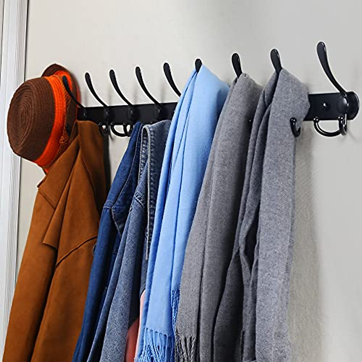 Dseap Coat Rack Wall Mount - 38” Long 10-Tri-Hooks Heavy Duty Coat Hanger Rail Wall Hooks for Hanging Coats Hats Clothing Clothes Purse Mudroom Entryway, Black