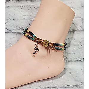 Beaded Leather Wrap Anklet Women Handmade Leather Ankle Cuff Bracelet 10 Inches Flamingo Charm