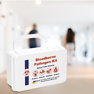 MFASCO Blood Borne Pathogens Clean Up Kit - Wall-Mountable or Portable - OSHA Compliant - Disposable Protection Gear - Bleach-Free Solidifier - Easy Cleanup - Compact Design - Refillable - 9 Pcs