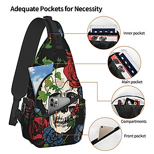 Yrebyou Skull Sling Bag Crossbody Shoulder Backpack for Women Men Hiking Travel Small Lightweight with Strap Daypack Cross Chest Bag Over Side Pack with Adjustable Strap Bottle Holders