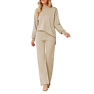 Linsery Womens Tracksuits Winter Casual Two Piece Set Women Knitted Loose Sweater Pullover Top Wide Leg Pants Suit Outfit Apricot Medium