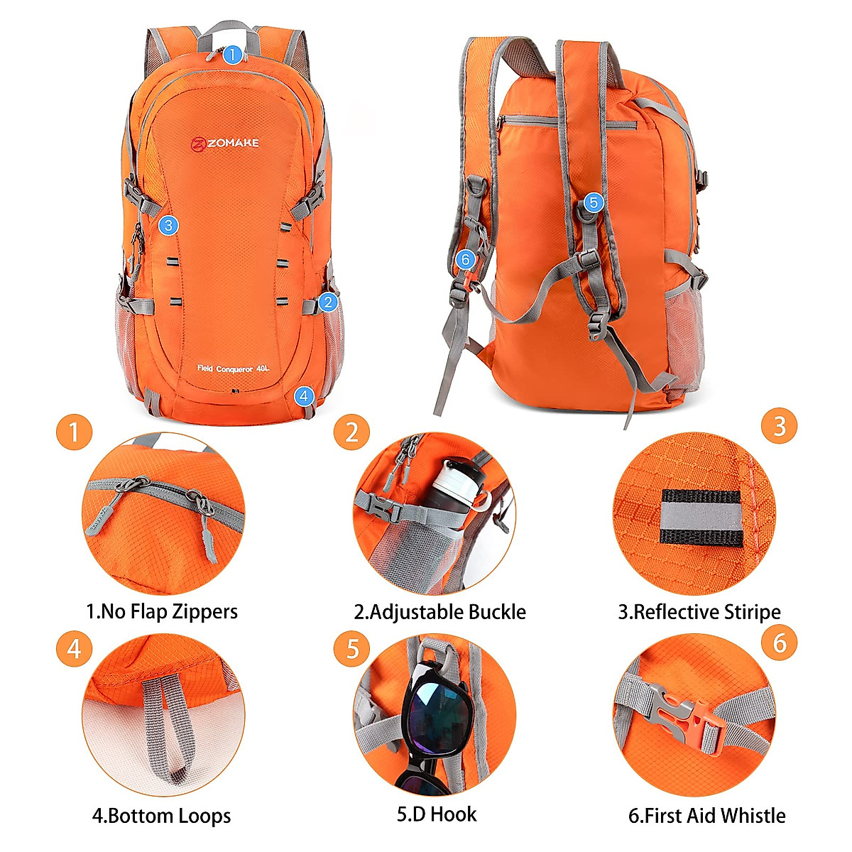 ZOMAKE Packable Hiking Backpack Water Resistant,40L Lightweight Daypack Foldable Backpack for Travel (Orange)