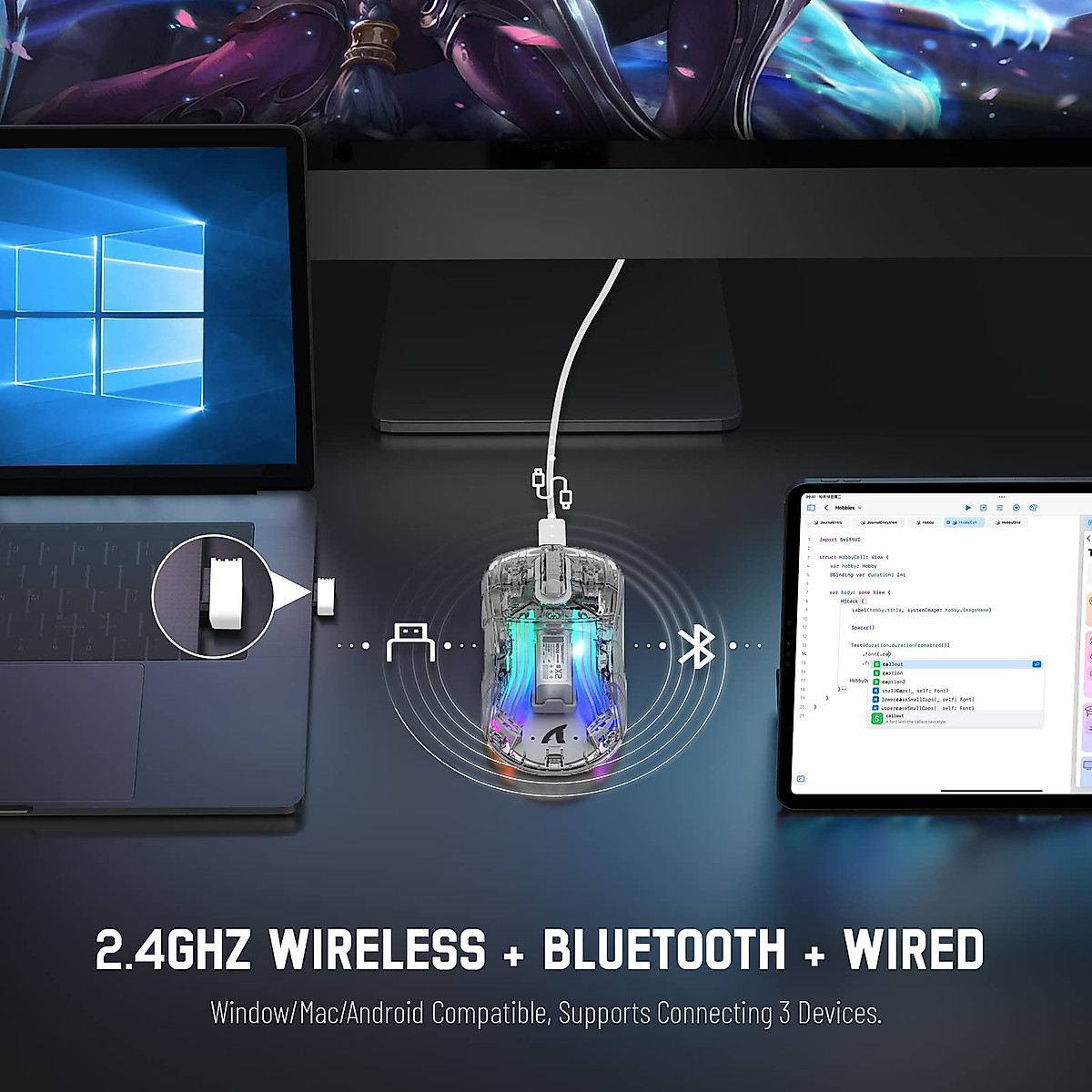Wireless Gaming Mouse PC Transparent Shell Computer Mice with Dual mode BT5.0/2.4G,PixArt Chip 3D RGB Lighting,Ergonomic 7 Buttons,Rechargeable Mute Mouse for PC Laptop Tablet PS4 PS5 Xbox one