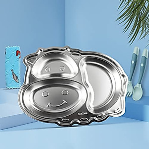 HOLIPOT 304 Stainless Steel Divided Plates, Food-Grade Toddlers Babies Kids Tray, 1300 Ml Toddler Plates with Suction, Self Feeding Training Kids Plates,Fits for Most High chairs Trays(Hippo)