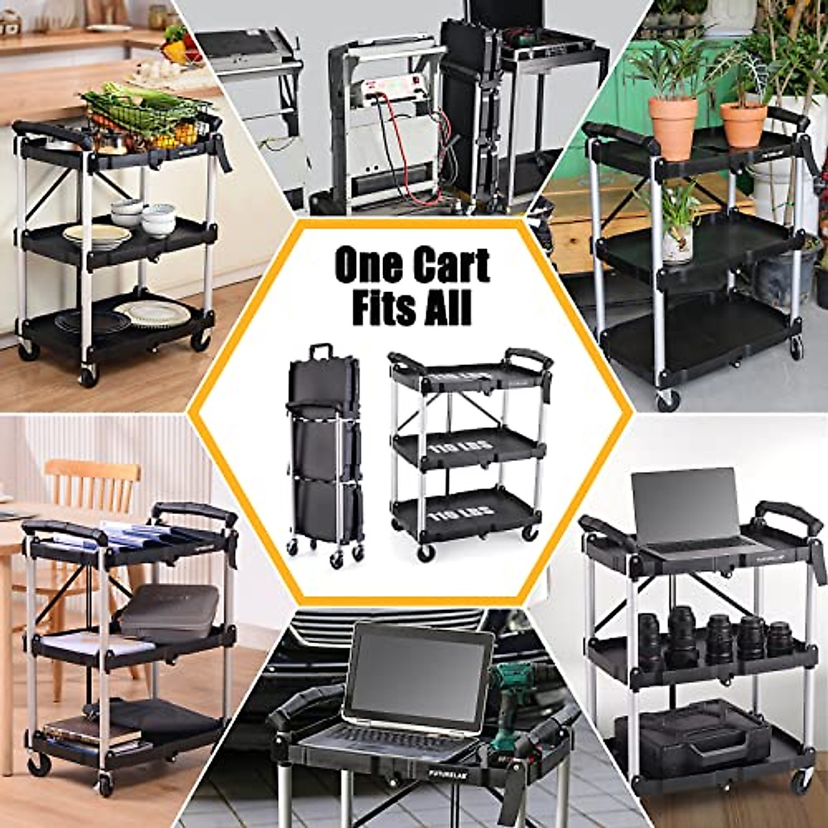 FUTURELAB Portable Folding Service Cart - 3 Tier 330LBS Capacity - Rolling Cart Utility Cart Foldable Cart with Wheels for Warehouse Home Workshops Garages Restaurants Offices