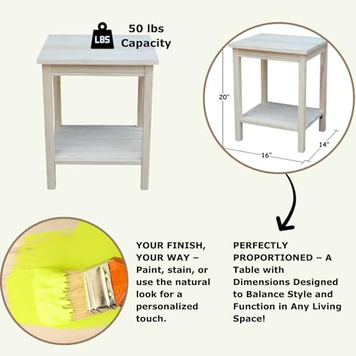 Portman Accent Table Solid Parawood Unfinished Wood 16"W x 14"D x 20"H with Shelf, Small Living Room Furniture for Painting or Staining, Traditional End Table for Bedroom or Entryway