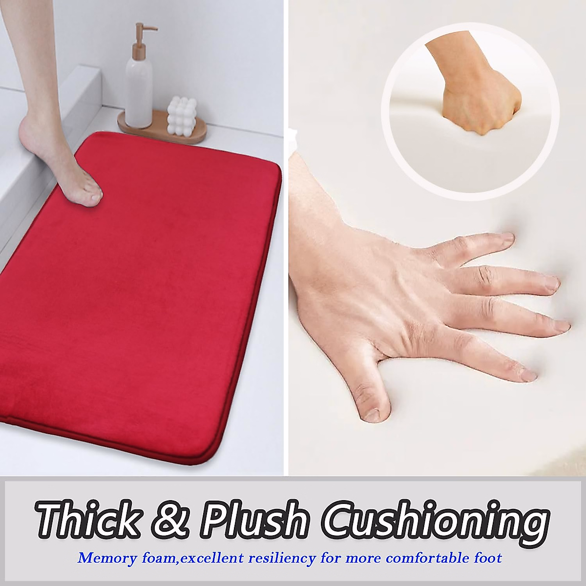 AINAHYVA Christmas Memory Foam Bath Mat Rug 3 Piece Set, Super Absorbent, Strong PVC Non Slip Backing, Bath mats for Bathroom, Plush Shaggy, Thick, Machine Washable, Bathtub, Shower, Toilet, Red