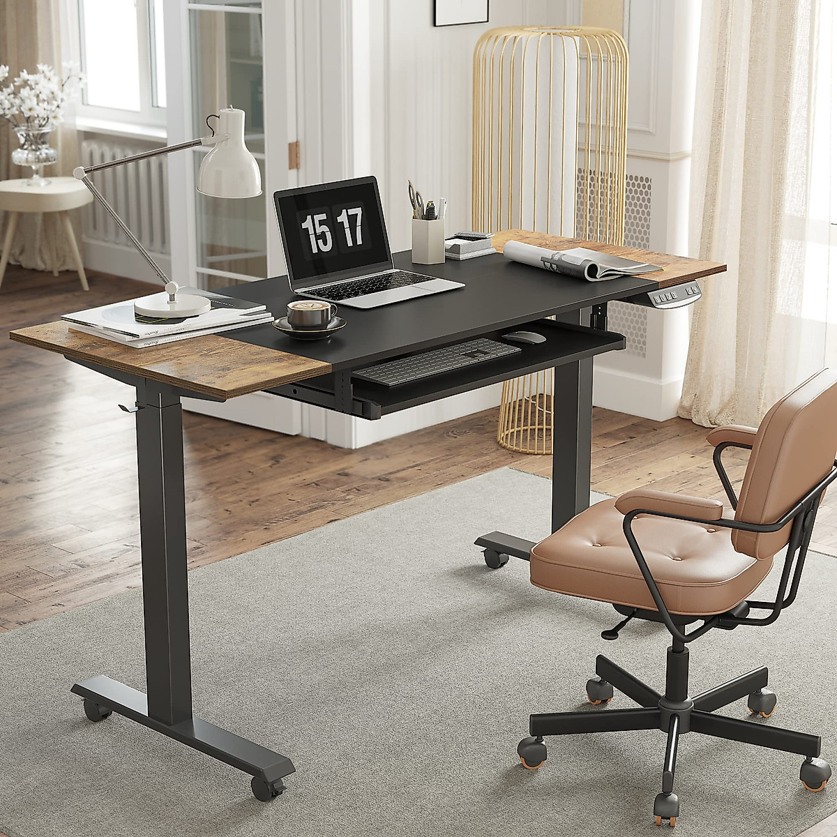 FEZIBO Dual Motor Height Adjustable Electric Standing Desk with Keyboard Tray, 48 x 24 Inch Sit Stand Table with Splice Board, Black Frame/Rustic Brown and Black Top