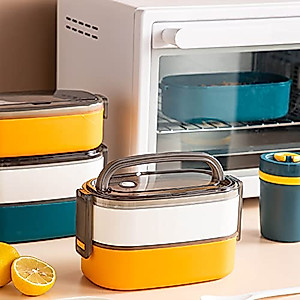 DILUOOU Bento Lunch Box For Adults, Stackable Bento Lunch Box With Divider,2 in 1 Compartment Salad Lunch container with Insulated Lunch Bag & Utensils,Microwave Safe(Yellow White)