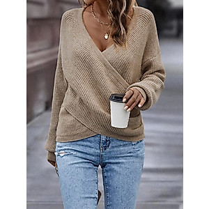 SweatyRocks Women's Casual Long Sleeve Drop Shoulder V Neck Wrapped Pullover Sweater Top Khaki Medium