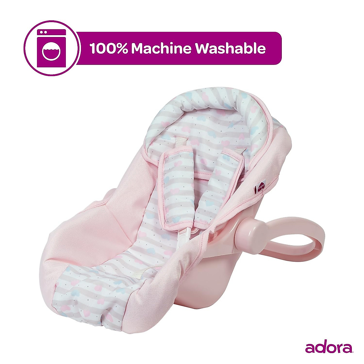 Adora Baby Doll Car Seat Carrier with Removable Seat Cover - Machine Washable, Fits Most Dolls & Plush Animals Up To 20”, Birthday Gift for Ages 2+ - Pastel Pink Hearts