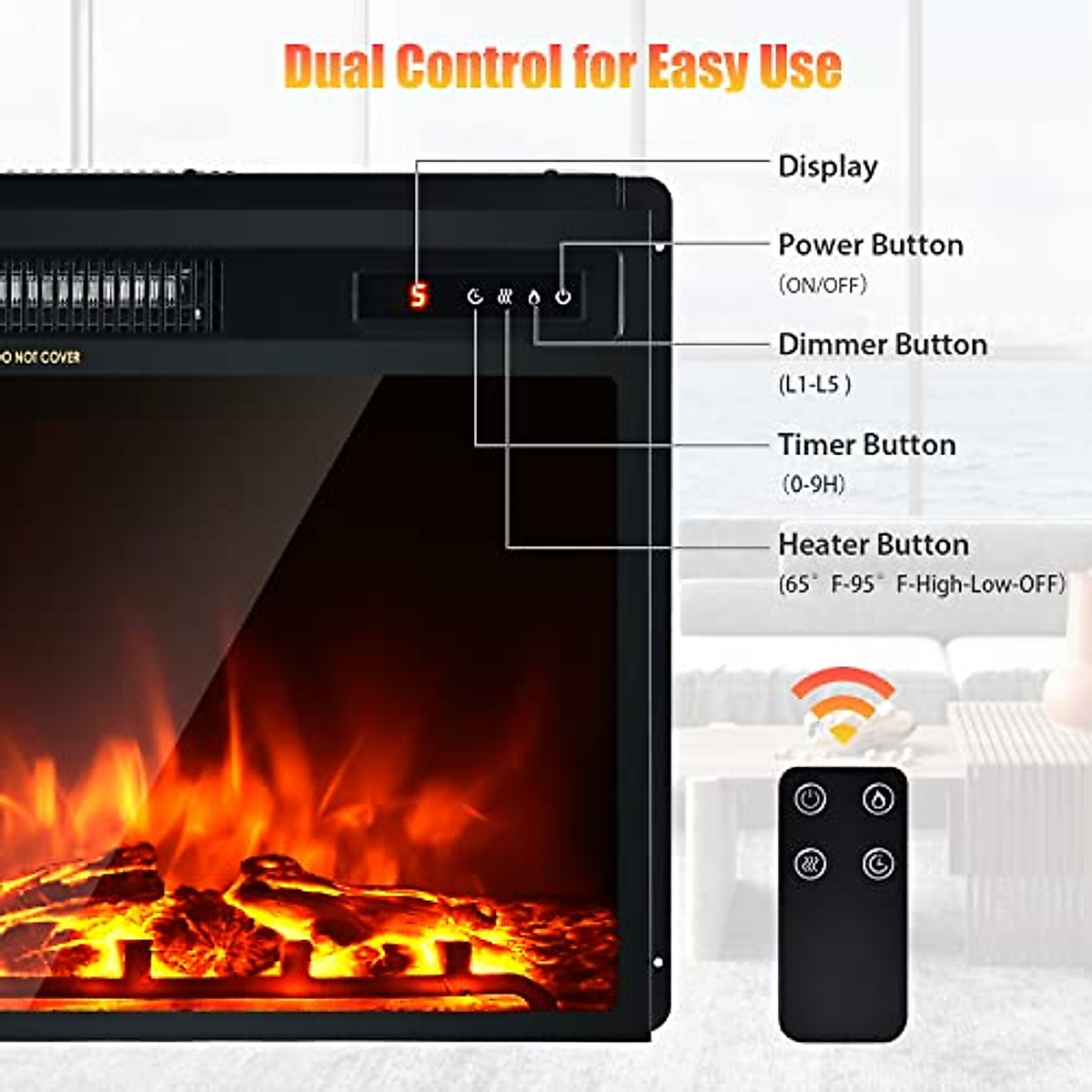 Tangkula 18 Inch Recessed Electric Fireplace Insert, 1500W Freestanding Fireplace Stove Heater W/Adjustable Flame Effect & Temperature, Built-in Thermostat, Timing Function, Remote Control