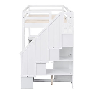Bellemave Twin Size Loft Bed with Desk and Stairs Wood Loft Beds with Storage Cabinet and Bookcase High Loft Bed Frame with Staircase Shelves for Kids, Teen, Boys, Girls, White