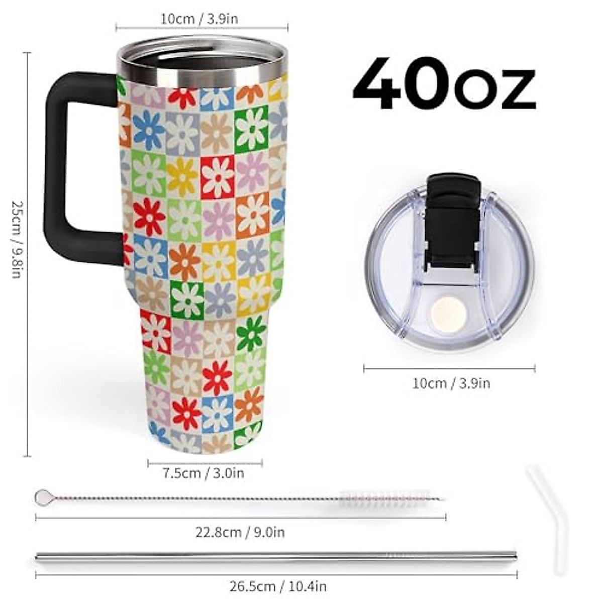KPLBNAS Colorful Bold Aesthetic Checkered Flower Pattern 40 Oz Tumbler with Handle And Straw Lid, Insulated Reusable Stainless Steel Travel Mug Travel Mug for Hot And Cold Stainless Steel Vacuum Mug