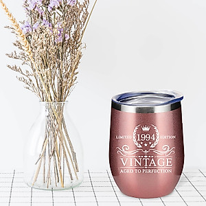 30th Birthday Gifts for Women Friends, 12 Oz Insulated Stainless Steel Wine Tumbler with Lid, Double Side Printed Birthday Thermos cup, Back in 1994 Old Time Information, Best Birthday Gifts