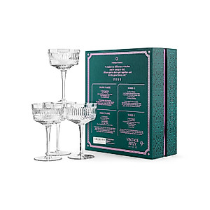 GLASSIQUE CADEAU Vintage Ritzy Cocktail and Champagne Coupe Glasses | Set of 4 | 7 oz Crystal Long Stemmed Glassware for Drinking Martini, Cosmopolitan, Manhattan | Retro Saucers