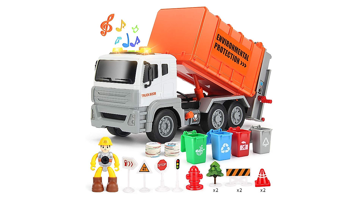 12" Garbage Truck Toy Set with Lights, Sound & Accessories for Kids