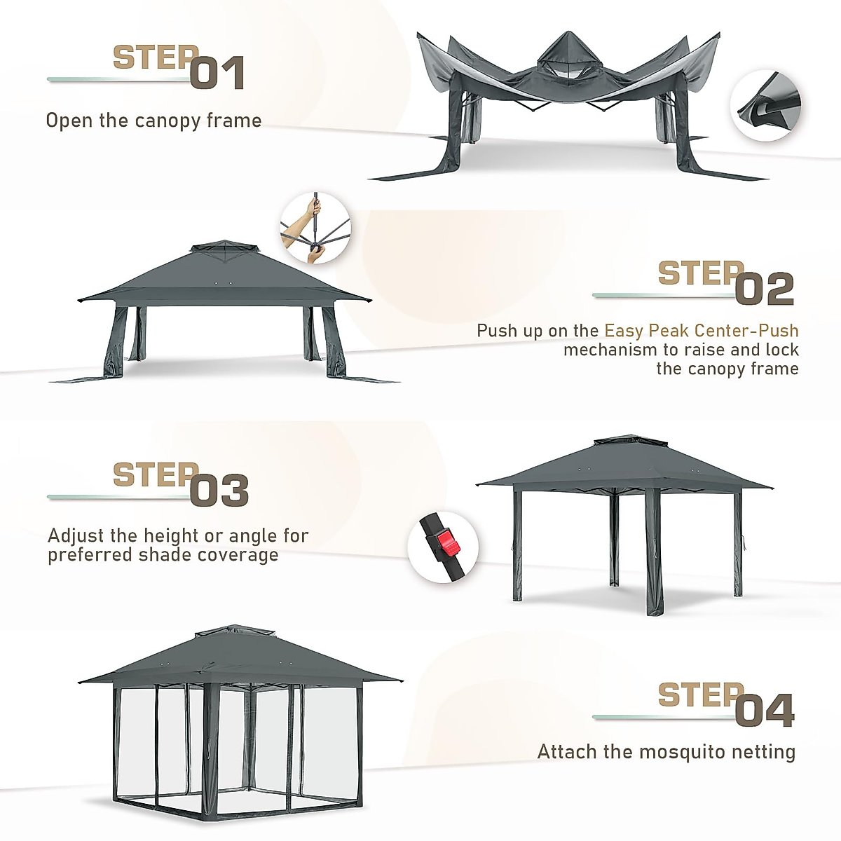 EAGLE PEAK 13x13 Pop Up Gazebo with Mesh Netting, Easy Up Screened Canopy for Patio and Backyard, Easy Set up Outdoor Gazebo (Gray)