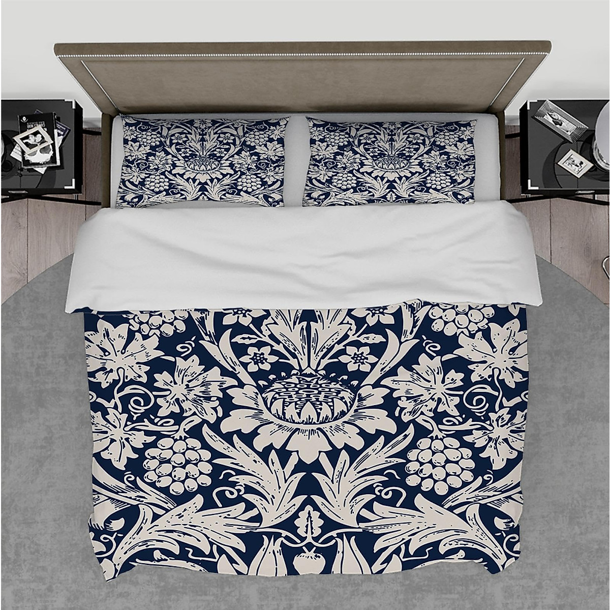 RIVINE Willam Morris Style Duvet Cover Set 3 Pieces Sunflowers Iris (Blue) Pattern Soft Bedroom Bedding Set with 2 Pillow Shams Zipper 4 Ties Full