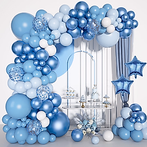 Ouddy Life Blue Balloons Arch Kit, Different Sizes 18 12 10 5Inch Pastel Blue White Latex Metallic Confetti Star Foil Balloon for Baby Shower Wedding Birthday Ocean Themed Graduation Party Decorations