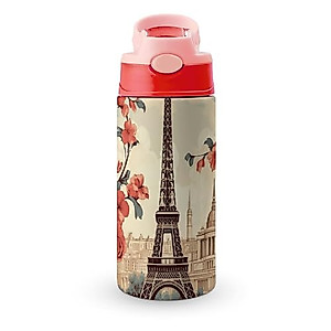 Stainless Steel Water Bottles Paris Vintage Floral Travel Water Cups with Handle And Silicone Straw Drinking Cup with Leak Proof Lid Thermo Travel Mug for Women Men