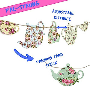 Tea Party Decoration Banner 2 Pack with 12 Pre-Strung Cups | Vintage Garden Teapot Decor, Tea Party Supplies For Girls, Princesses, Bridal Showers, Birthday | Alice in Wonderland Party Garland Decor